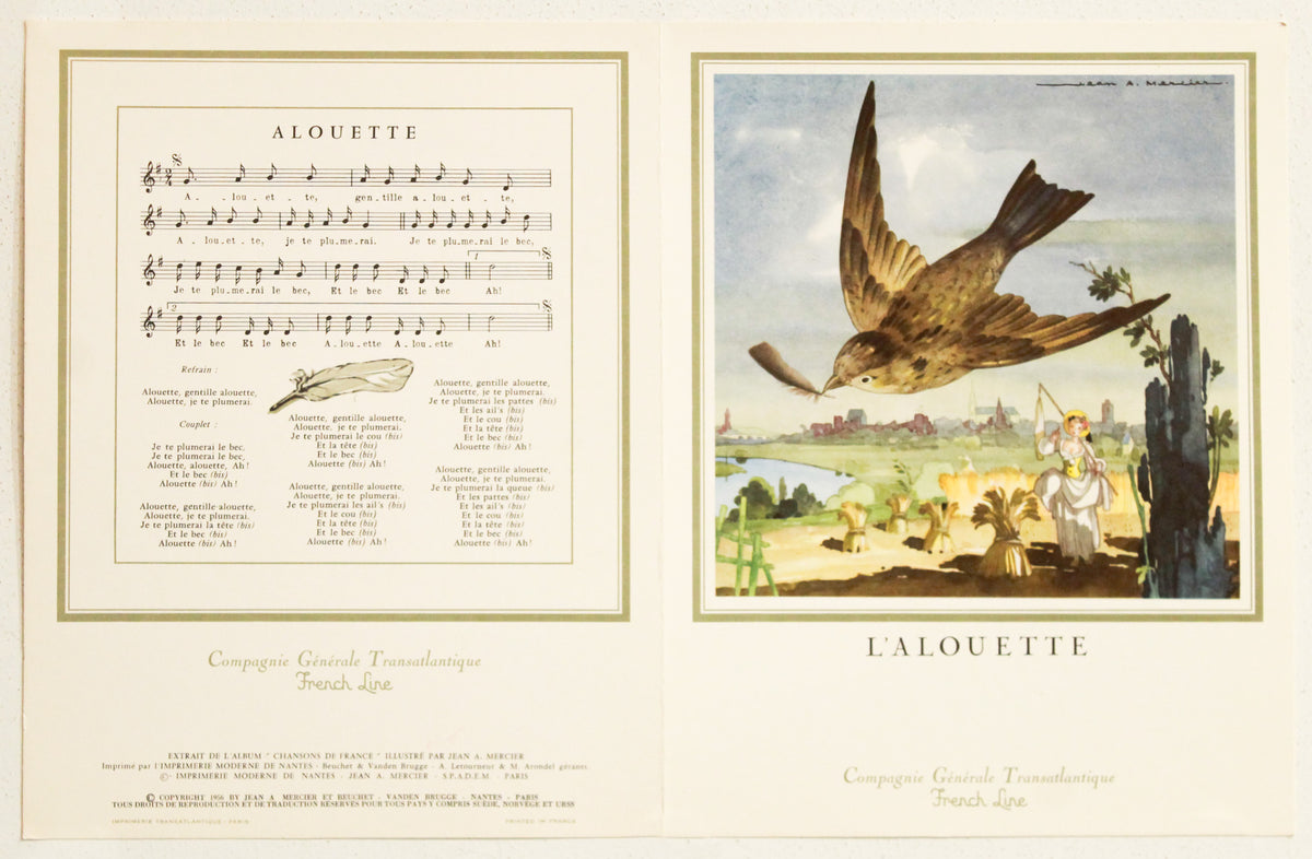 1956 French Music Sheet, " L'Alouette ", Extrait de l'album "Chansons ...