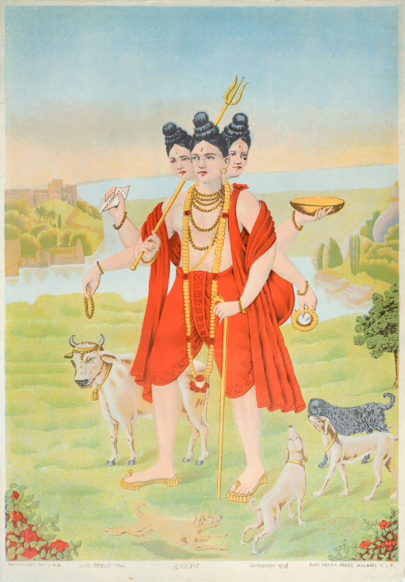 1920 Indian offset lithography, "Dattatreya" - Three headed god in red ...