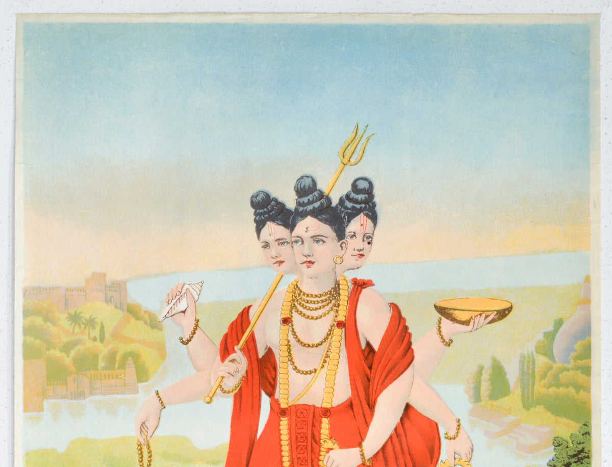 1920 Indian offset lithography, "Dattatreya" - Three headed god in red ...
