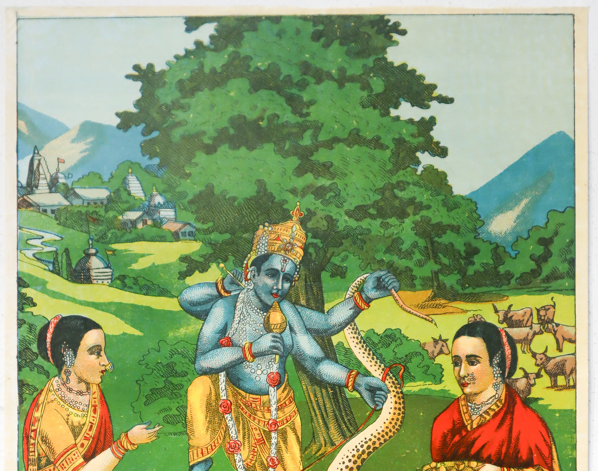 1920 Indian offset lithography, "Kaliya Mardan" Blue God with snake la ...