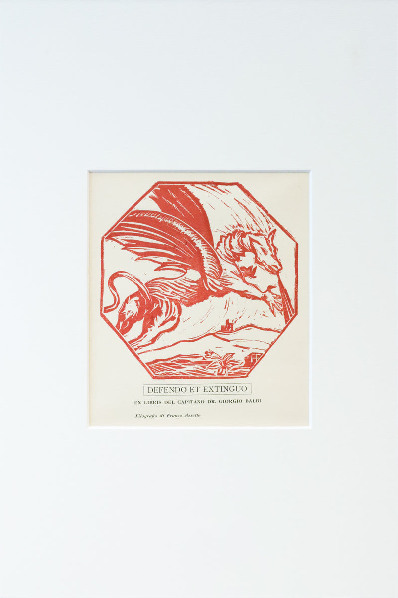 1960s Italian Engraving bookplate (Ex Libris), Defendo et Extinguo (Ma ...