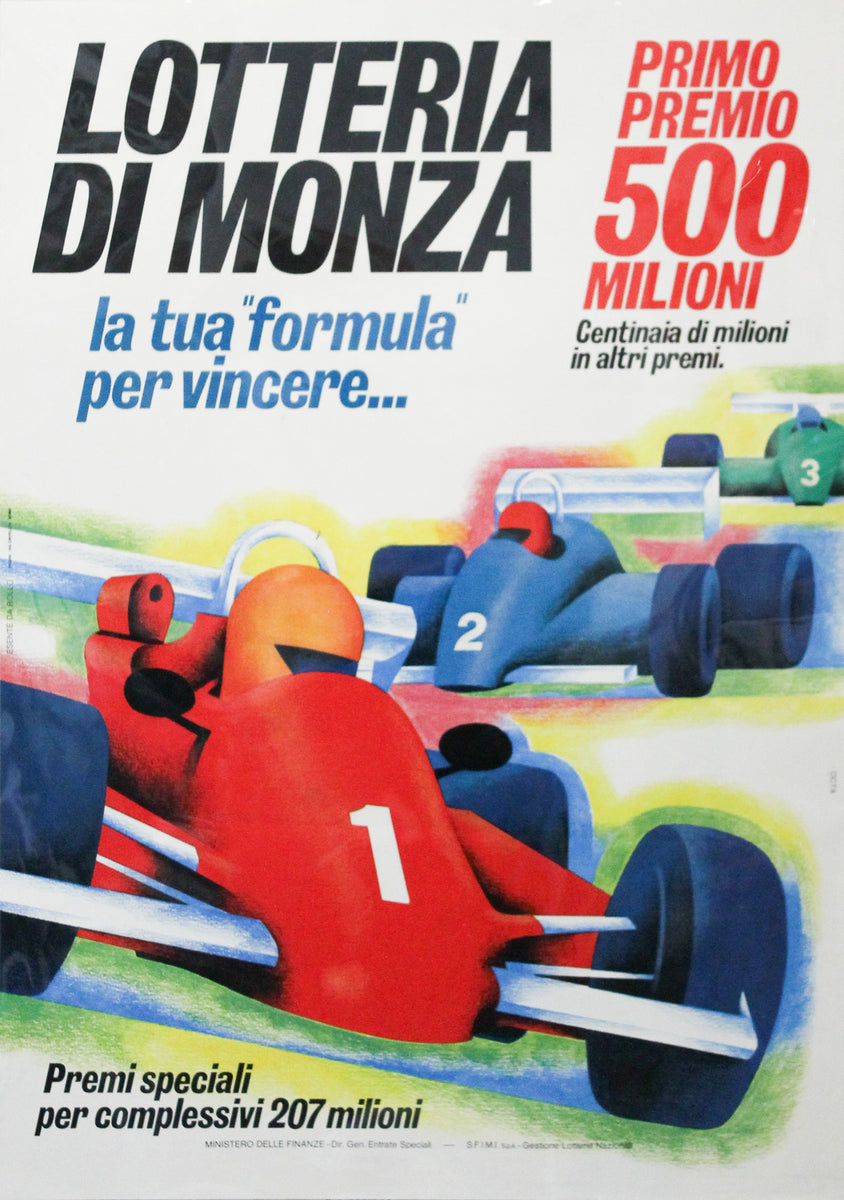 1980s Italian Car Poster, Lotteria di Monza – L'Affichiste