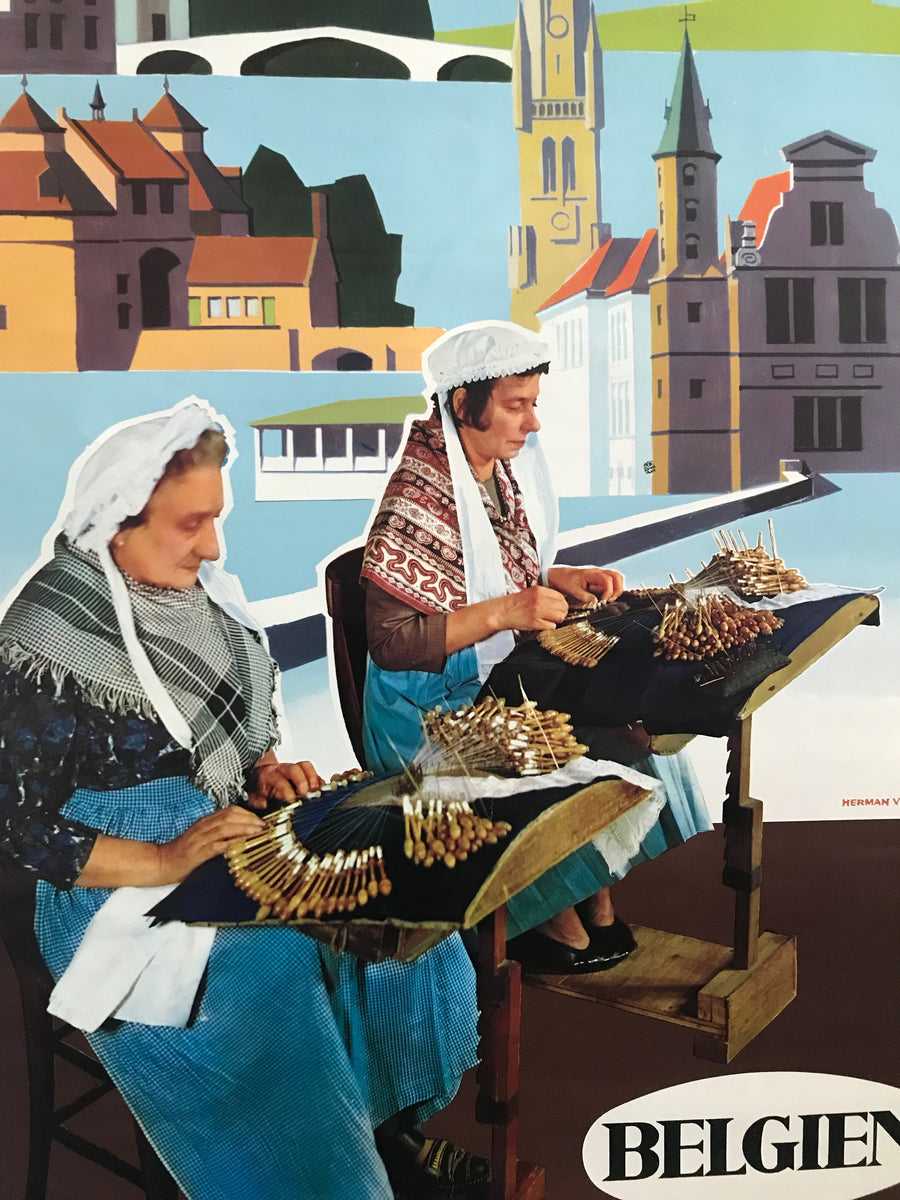 1960 Original Belgian Advertising Poster,Bruges (Brügge), Pair of Wome ...