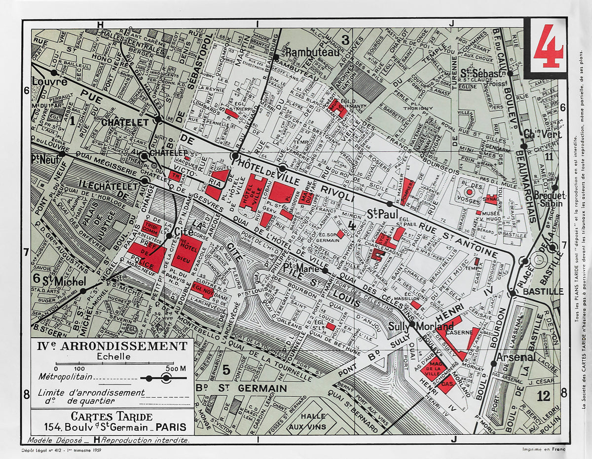 1959 Original Cartes Tarides Map of Paris, IV Arrondissement – L'Affichiste